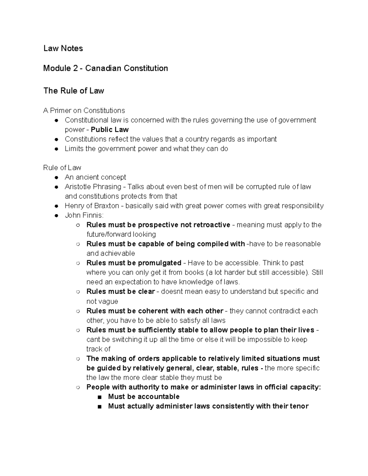 Law Notes - Law Notes Module 2 - Canadian Constitution The Rule of Law ...