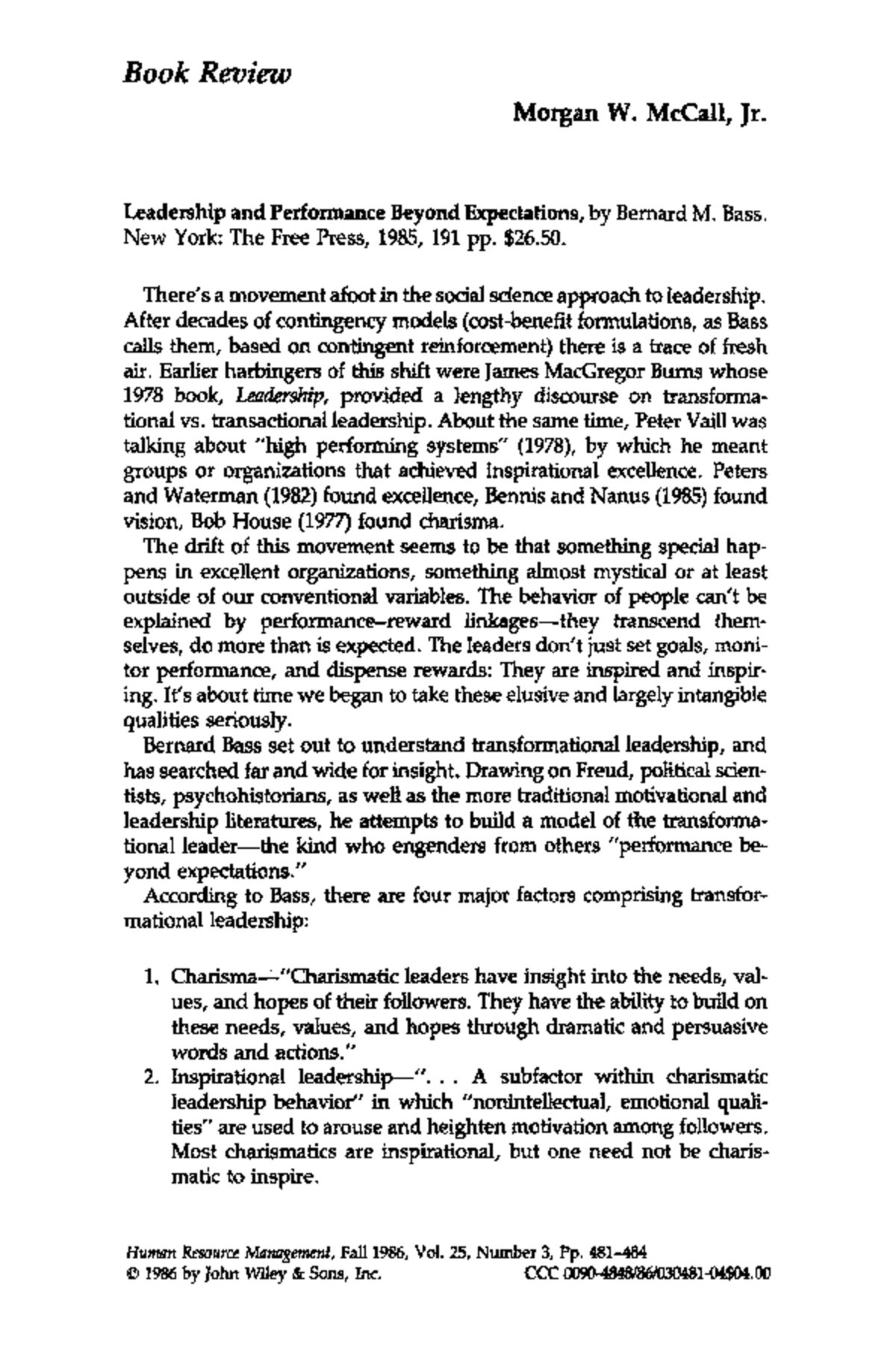 Mccall 1986 - teoria - Book Review Morgan W, Jr. Leadership and ...
