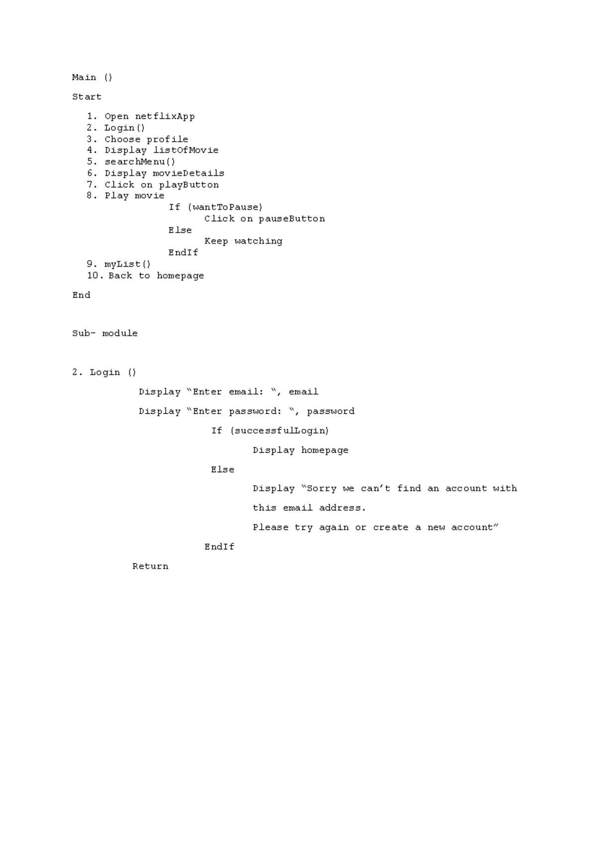 Pseudocode - Main () Start 1. Open netflixApp 2. Login() 3. Choose ...