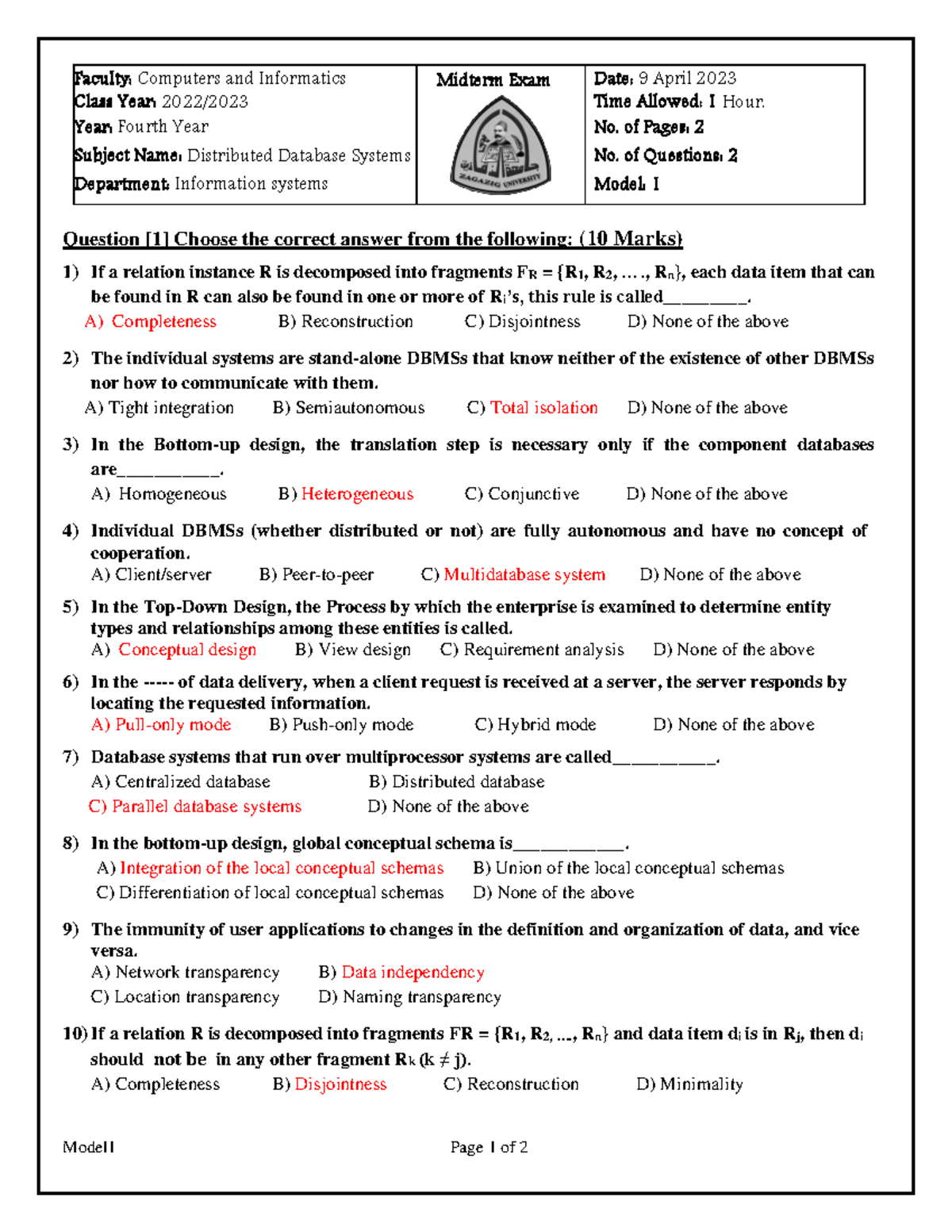 DDB Midterm 2023 Model 1+Answer - Model1 Page 1 of 2 Question [1] Choose the correct answer from ...