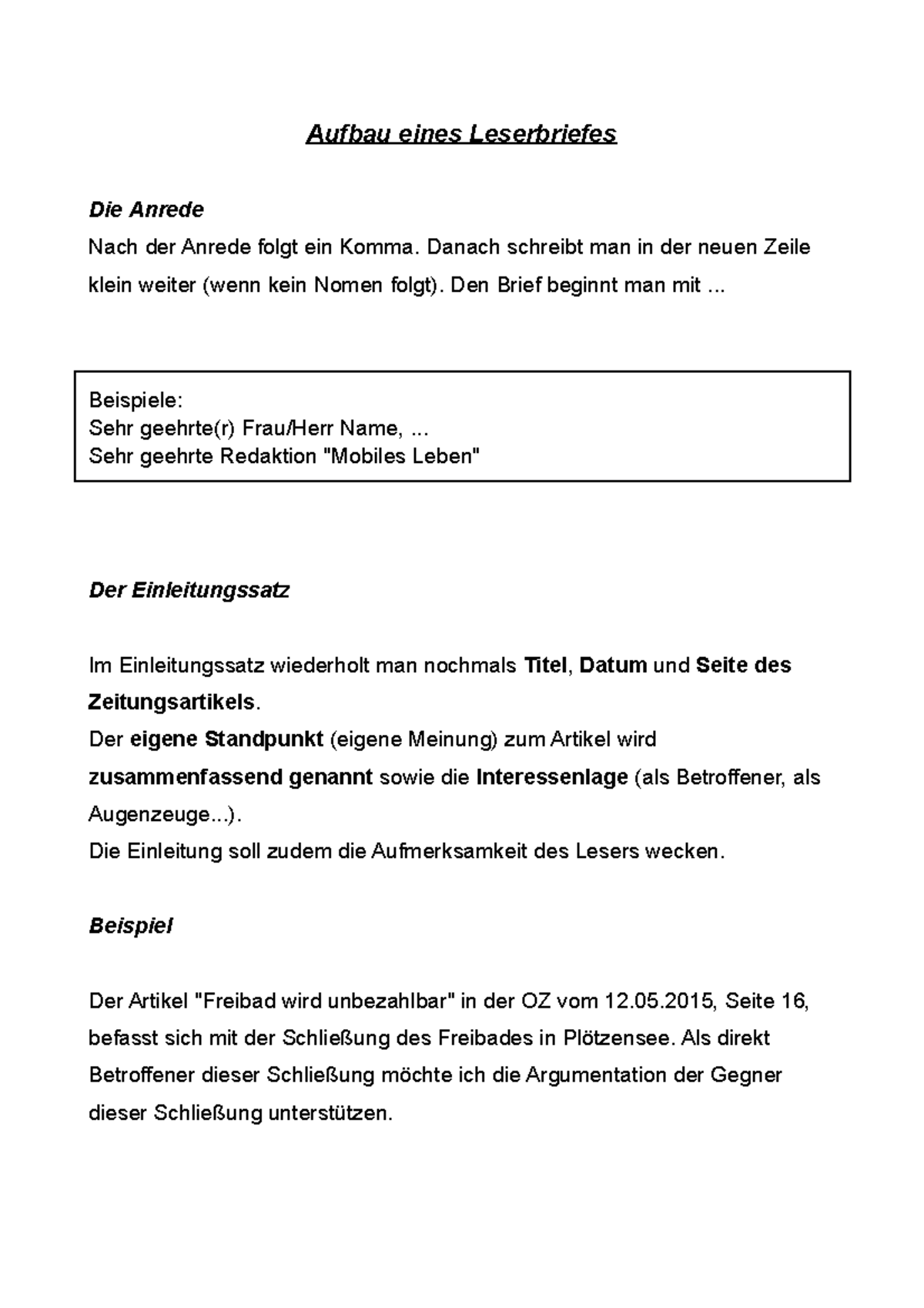 Aufbau Leserbrief - Appunti - Aufbau eines Leserbriefes Die Anrede Nach ...