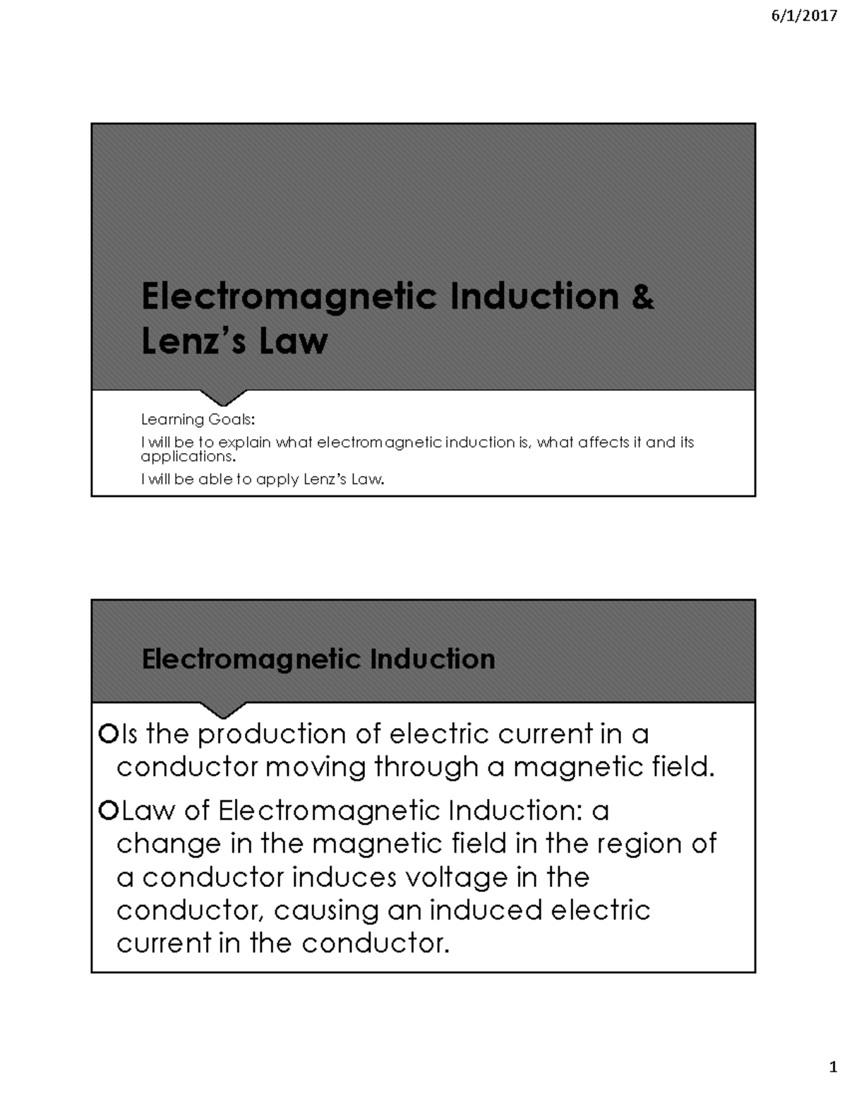 Lesson 9 Electromagnetic Induction & Lenz's Law - 6/1/ 1 ...