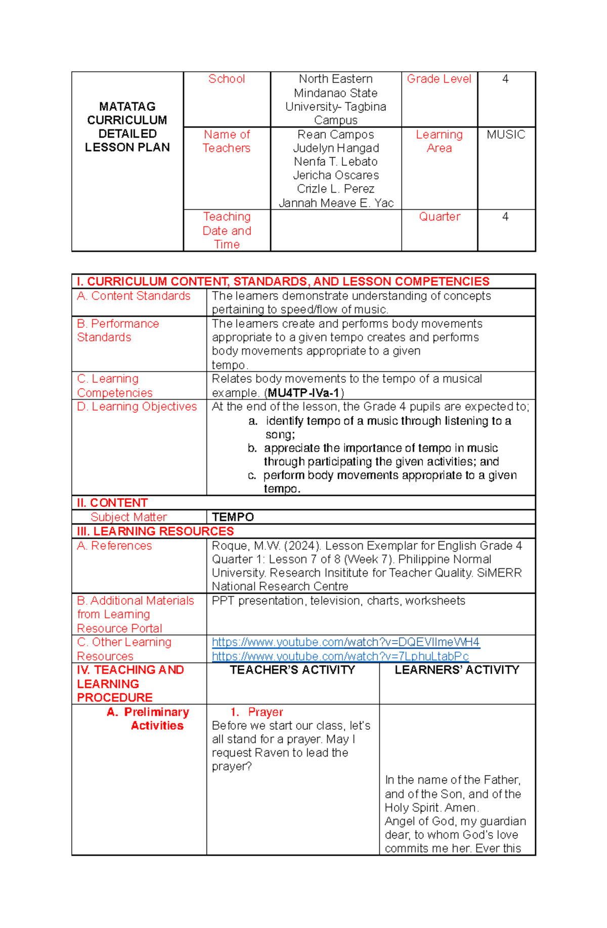 Music LP Group 4 - Lecture - MATATAG CURRICULUM DETAILED LESSON PLAN School North Eastern ...