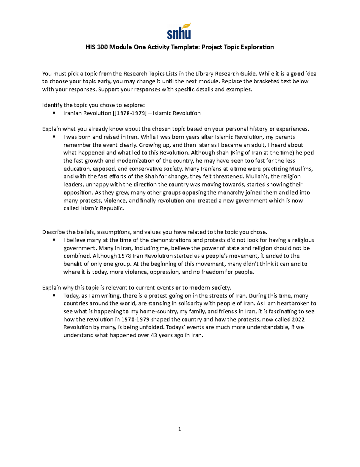 HIS 100 Module One Activity - Iranian Revolution - HIS 100 Module One ...