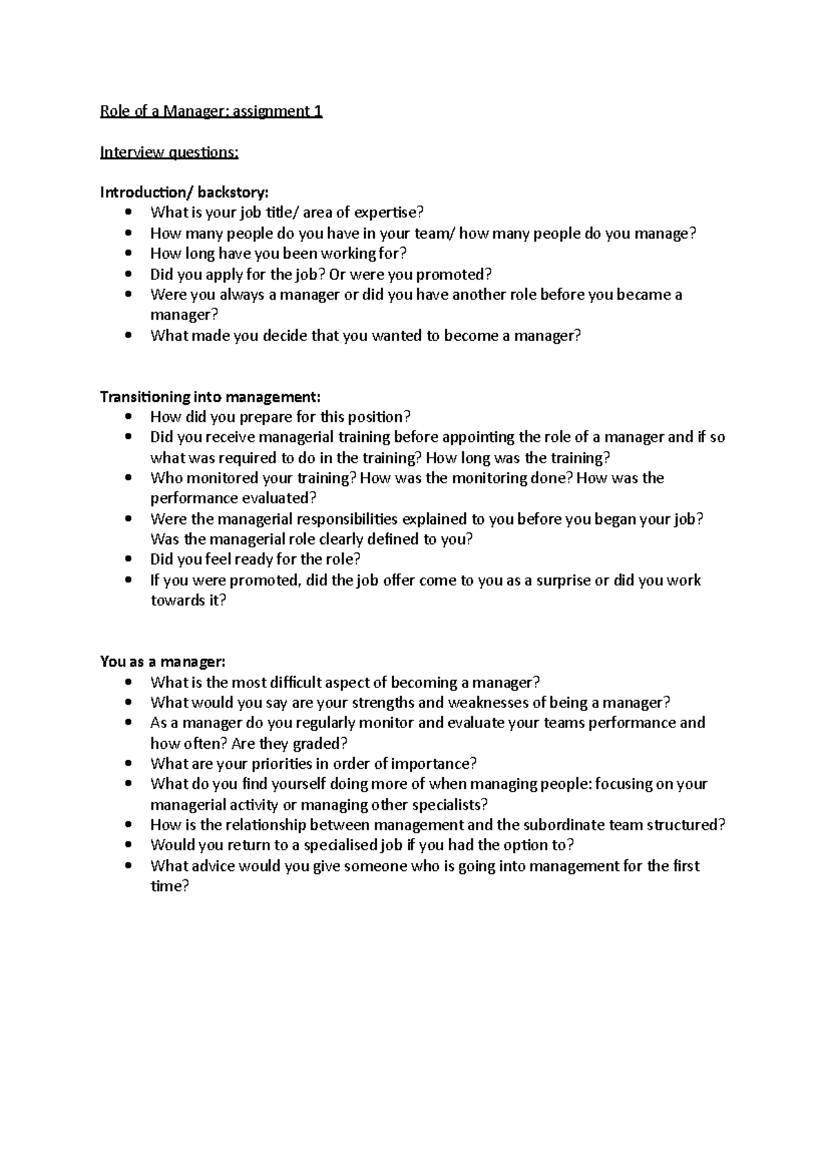 Interview questions - Role of a Manager: assignment 1 Interview questions: Introduction ...