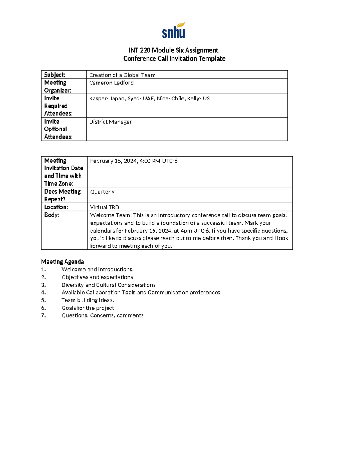 INT 220 Conference Call Invitation - INT 220 Module Six Assignment ...