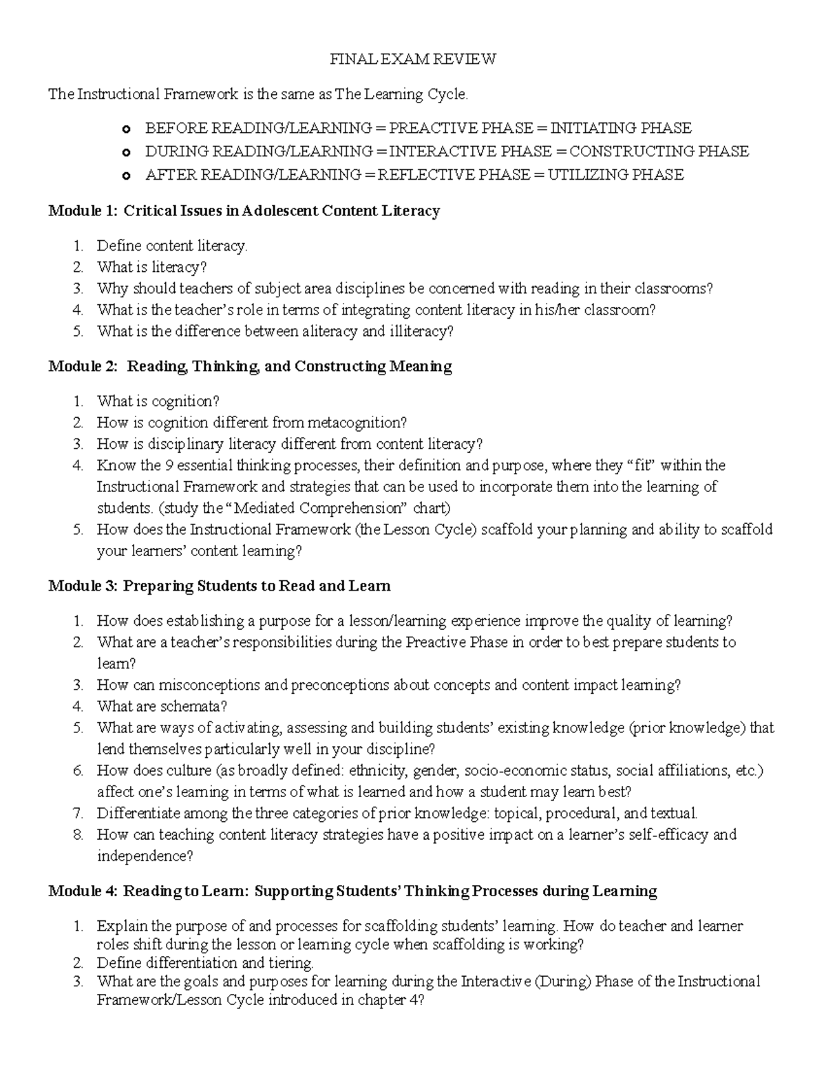 Final Exam Review Guide - FINAL EXAM REVIEW The Instructional Framework ...