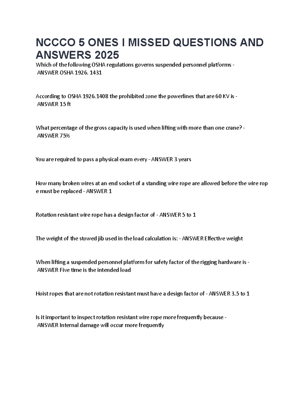 Nccco 5 ONES I Missed Questions AND Answers 2025 - NCCCO 5 ONES I ...