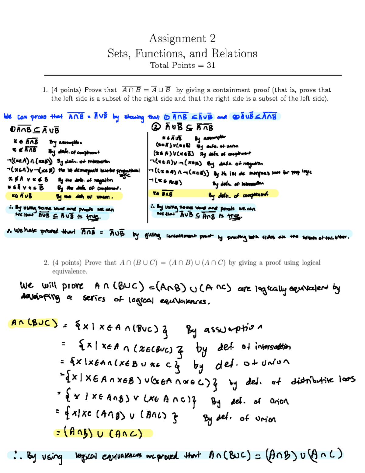 Assignment 2 for cp214 - Assignment 2 Sets, Functions, and Relations Total Points = 31 (4 points ...