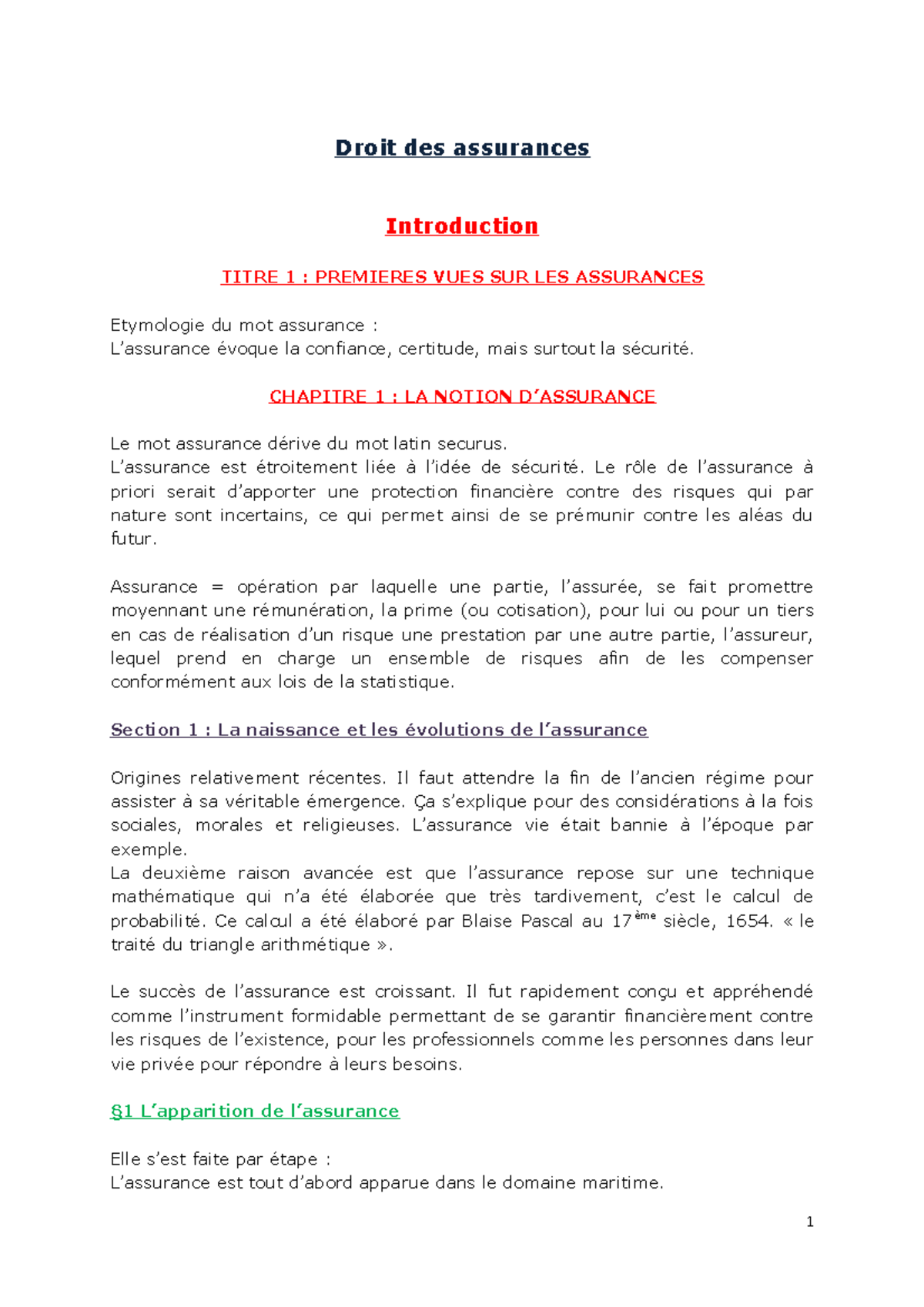 Droit des assurances - Droit des assurances Introduction TITRE 1 ...