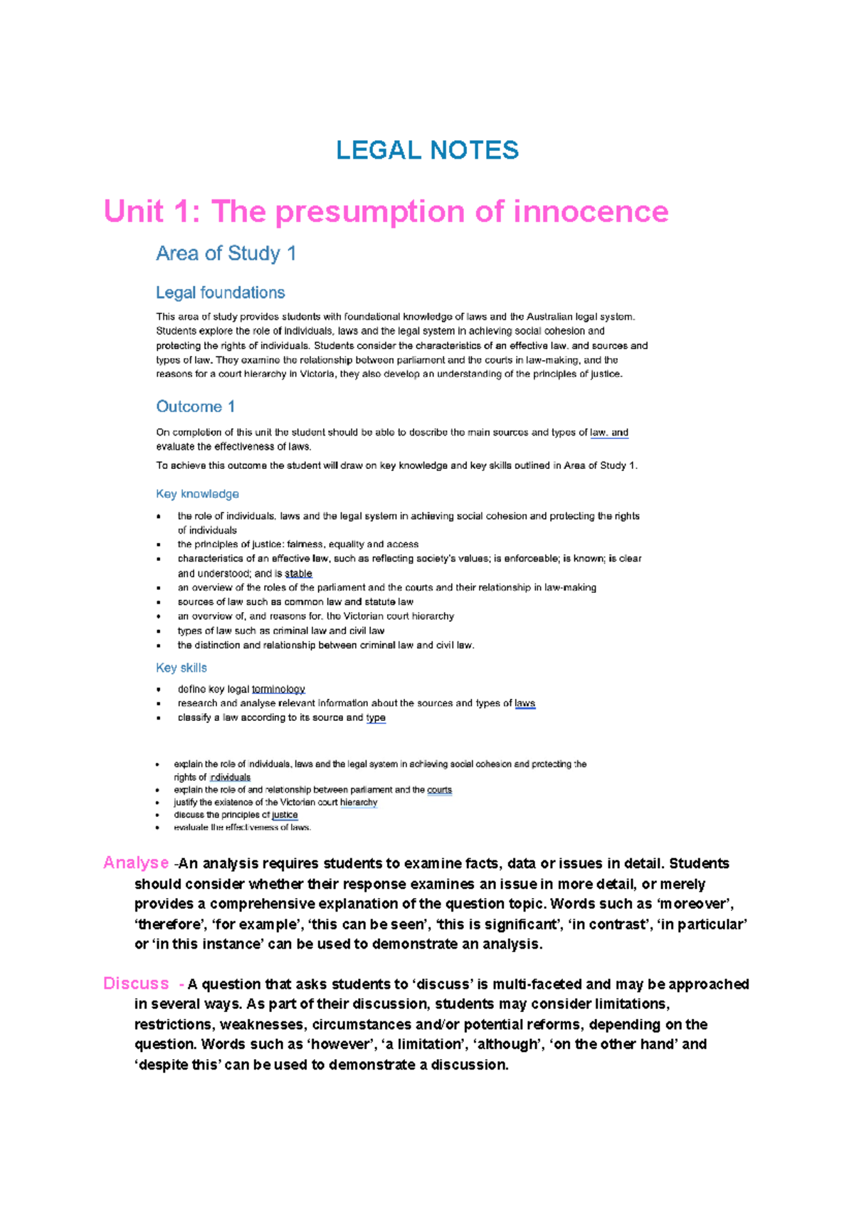Legal Notes - LEGAL NOTES Unit 1: The presumption of innocence Analyse ...