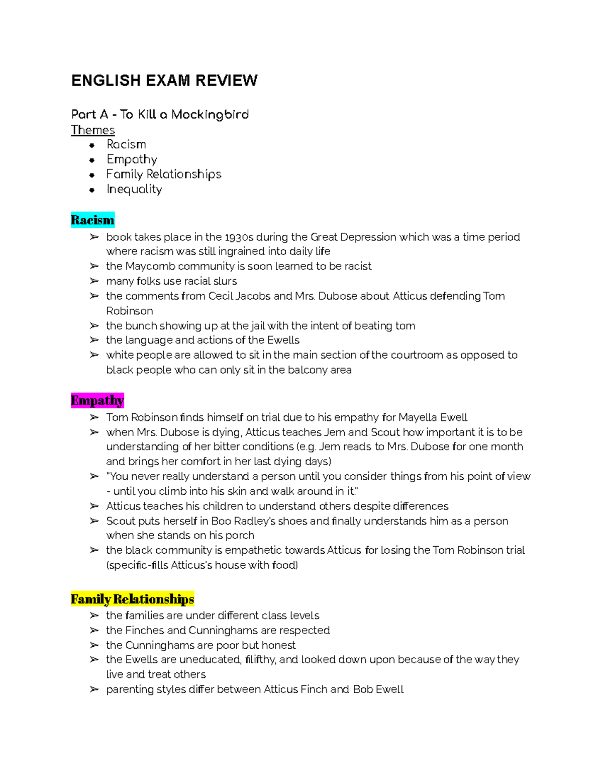 English Exam review - Gr.10 - ENGLISH EXAM REVIEW Part A - To Kill a ...