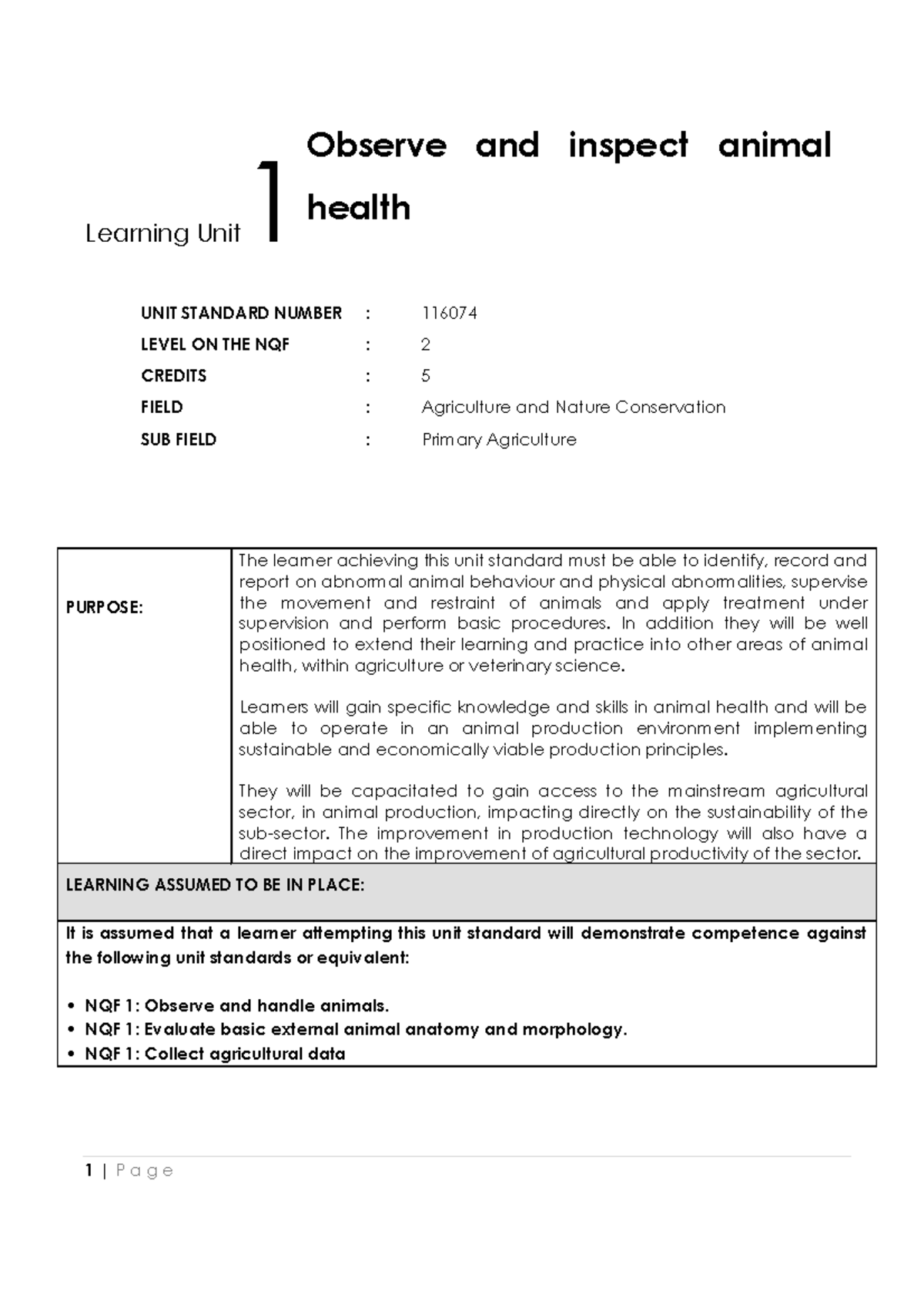 Observe and inspect animal health - Learning Unit 1 UNIT STANDARD ...