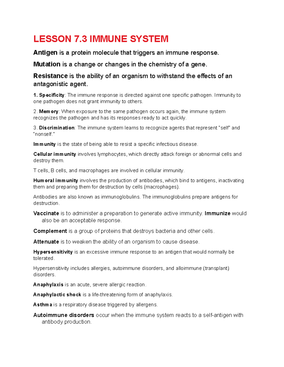 Lesson 7.3 Immune System - LESSON 7 IMMUNE SYSTEM Antigen is a protein ...