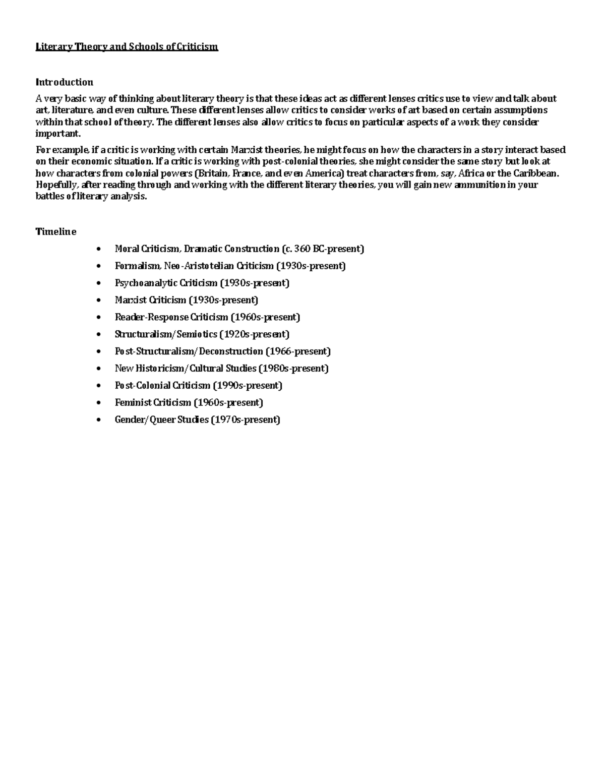 Literary Criticism Handout - Literary Theory and Schools of Criticism ...