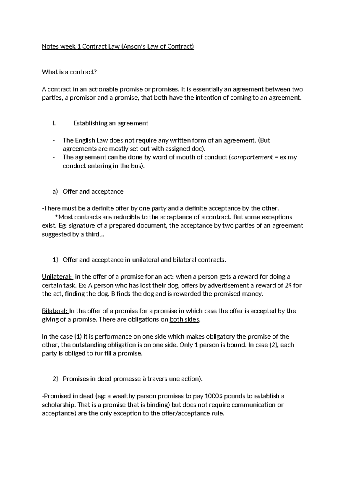 Contract law Week 1 - Notes week 1 Contract Law (Anson’s Law of ...