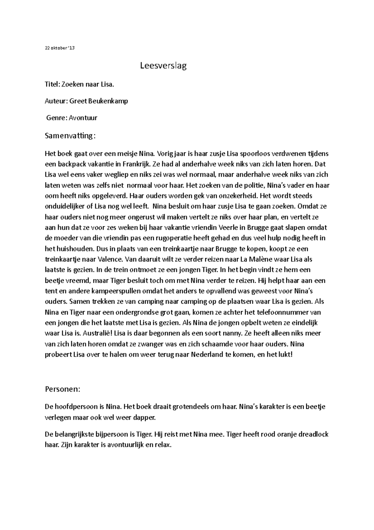 Leesverslag 1 Zoeken naar Lisa - 22 oktober ’ Leesverslag Titel: Zoeken ...