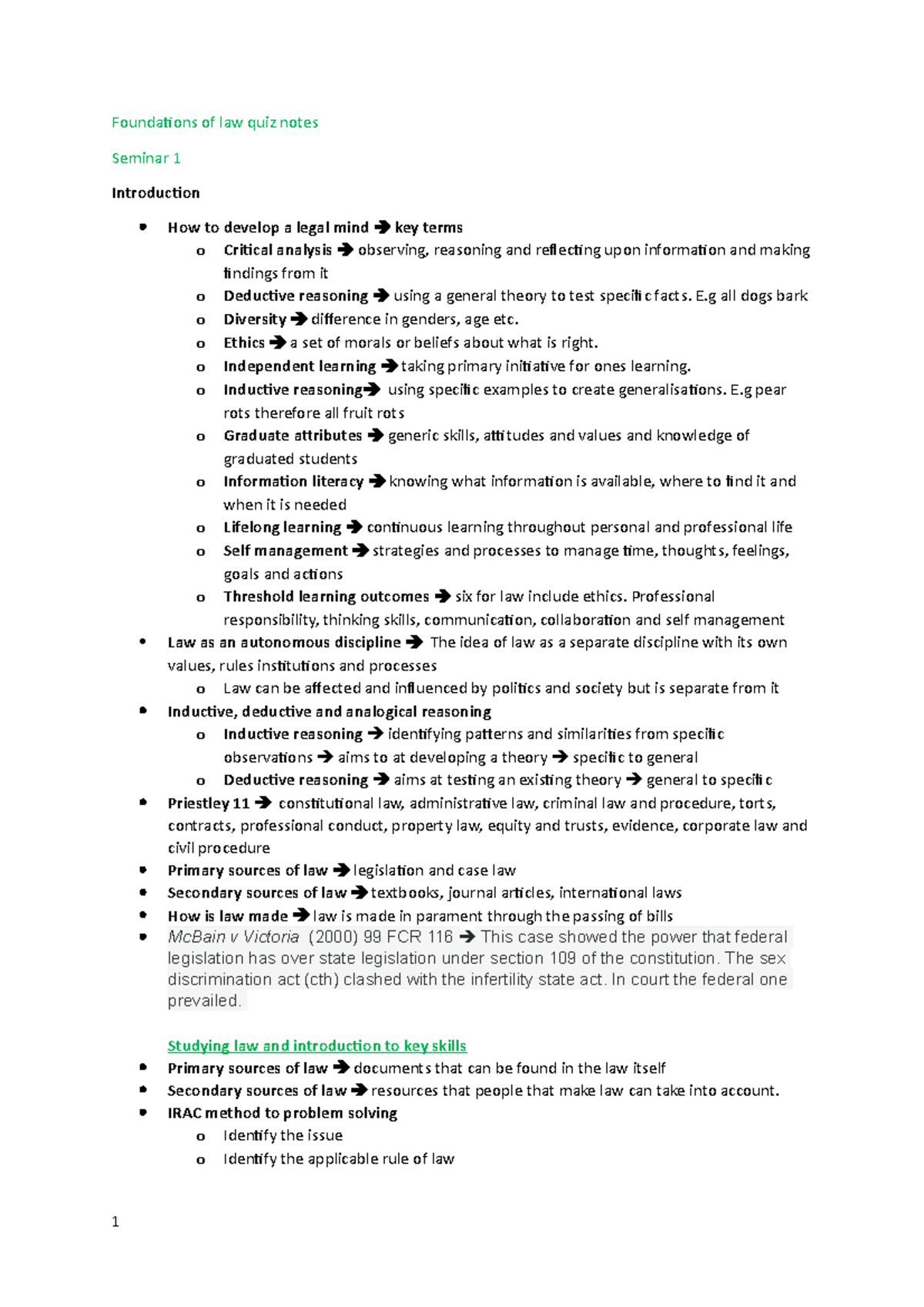 Foundations of law quiz notes - Foundations of law quiz notes Seminar 1 ...
