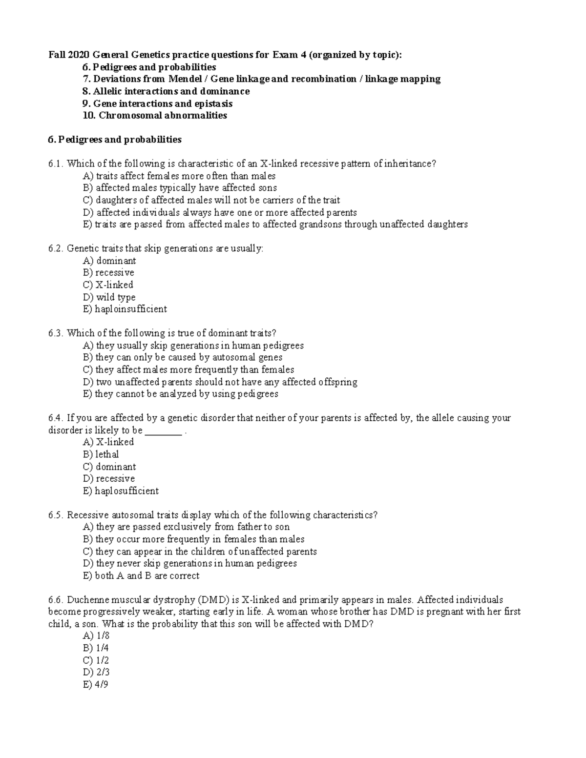 Fall 2020 exam 4 practice questions - Fall 2020 General Genetics ...