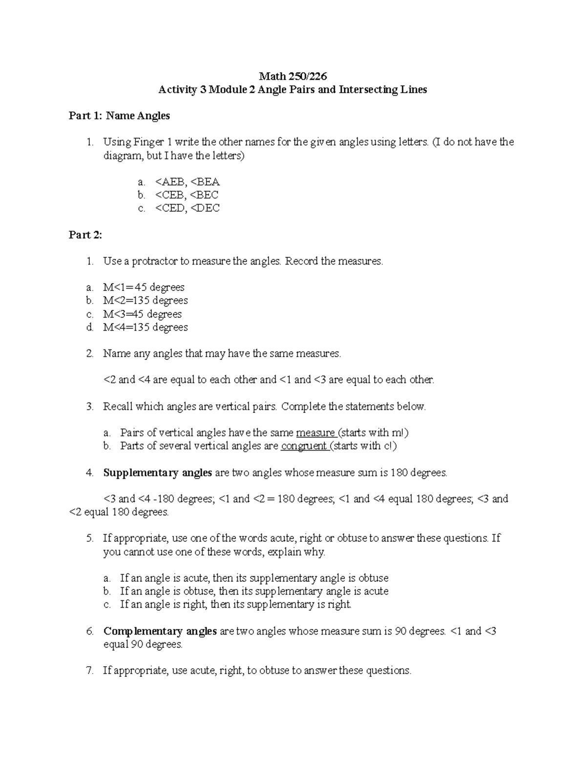 Module 2 Activity 3 - Math 250/ Activity 3 Module 2 Angle Pairs and ...