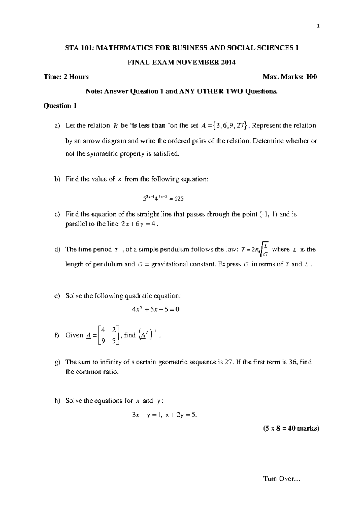 STA101 Exam 2014 - Free tutorial - 1 STA 101: MATHEMATICS FOR BUSINESS ...
