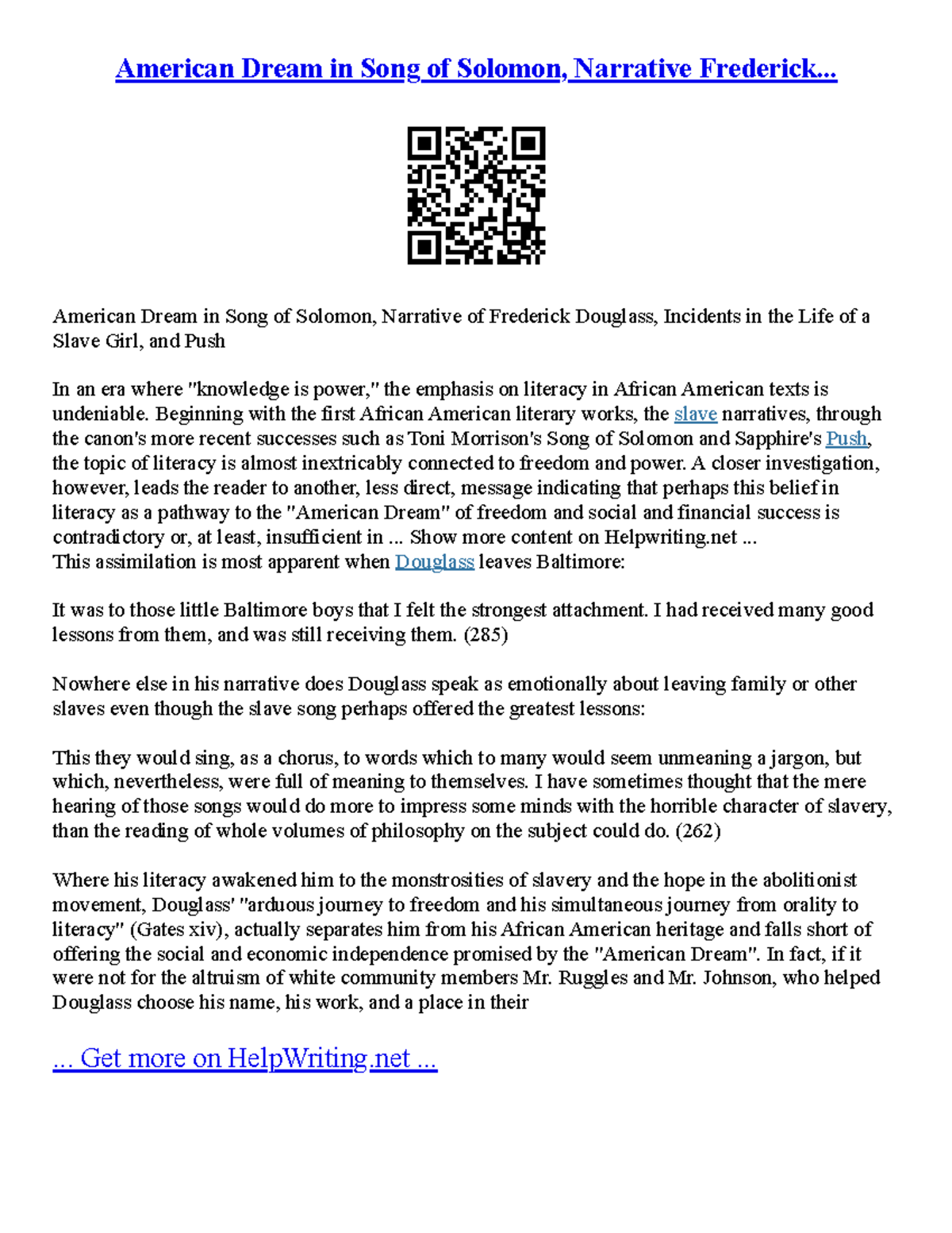 American Dream in Song of Solomon, Narrative Frederick - .. American ...