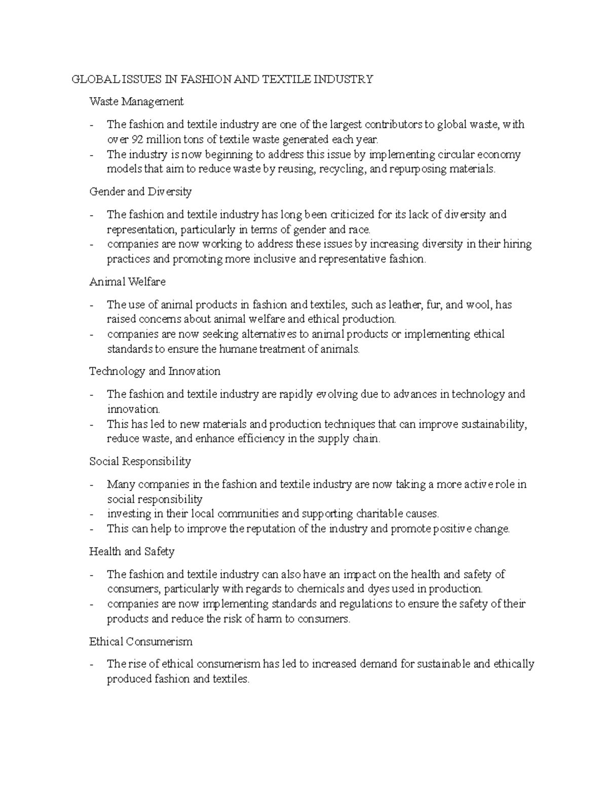 Global Issues IN Fashion AND Textile Industry Notes 2 - GLOBAL ISSUES ...