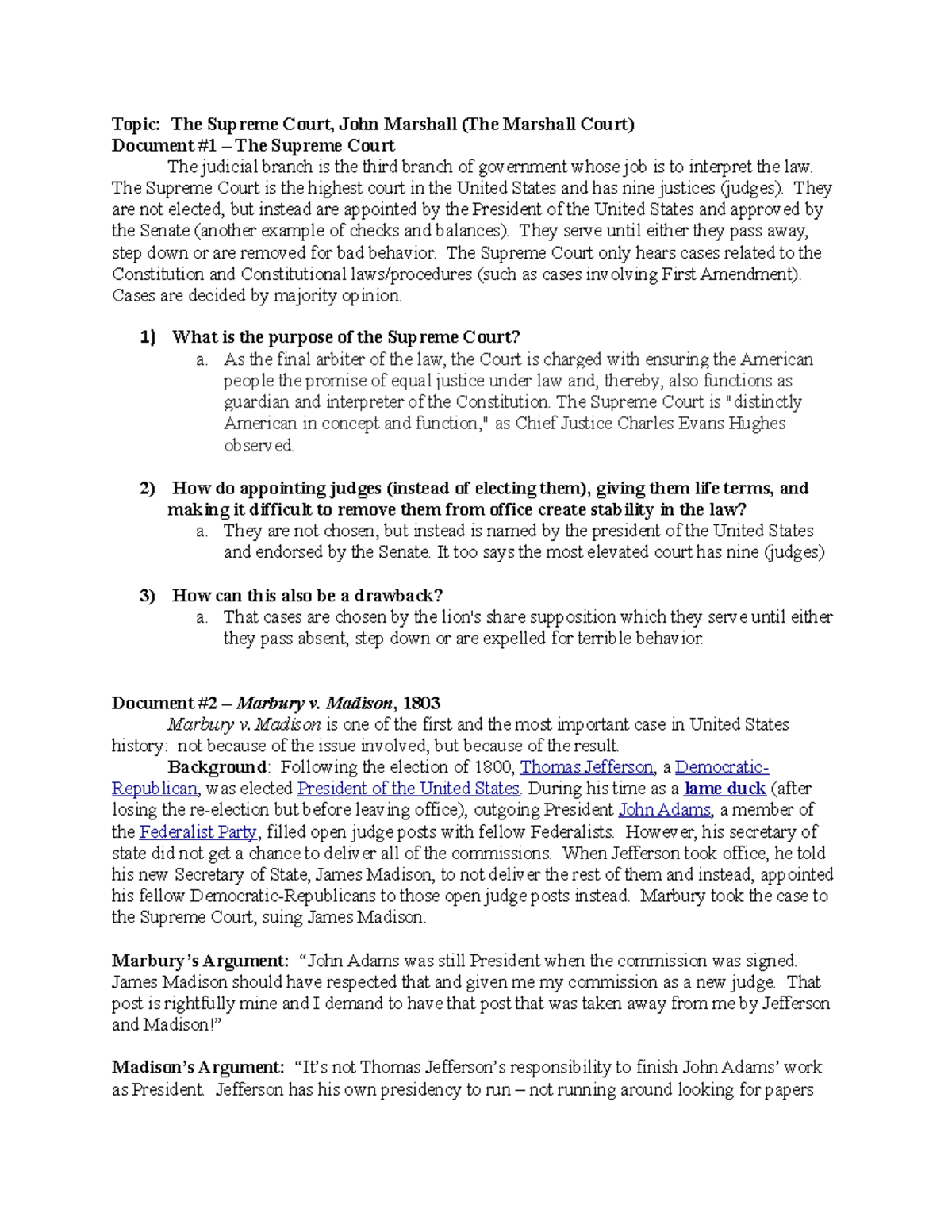 Marshall Court and Jacksons Policies Activity - Topic: The Supreme ...