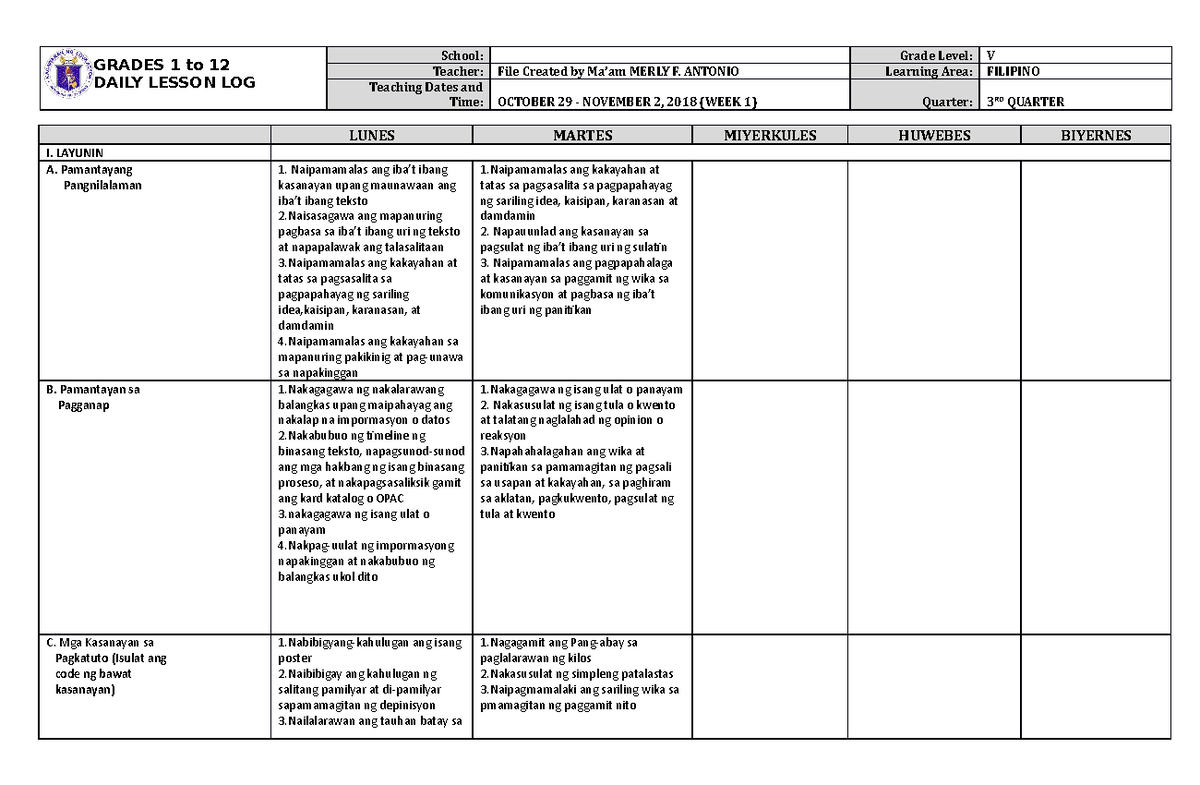 DLL Quarter 3 Week 1 Filipino 5 GRADES 1 To 12 DAILY LESSON LOG