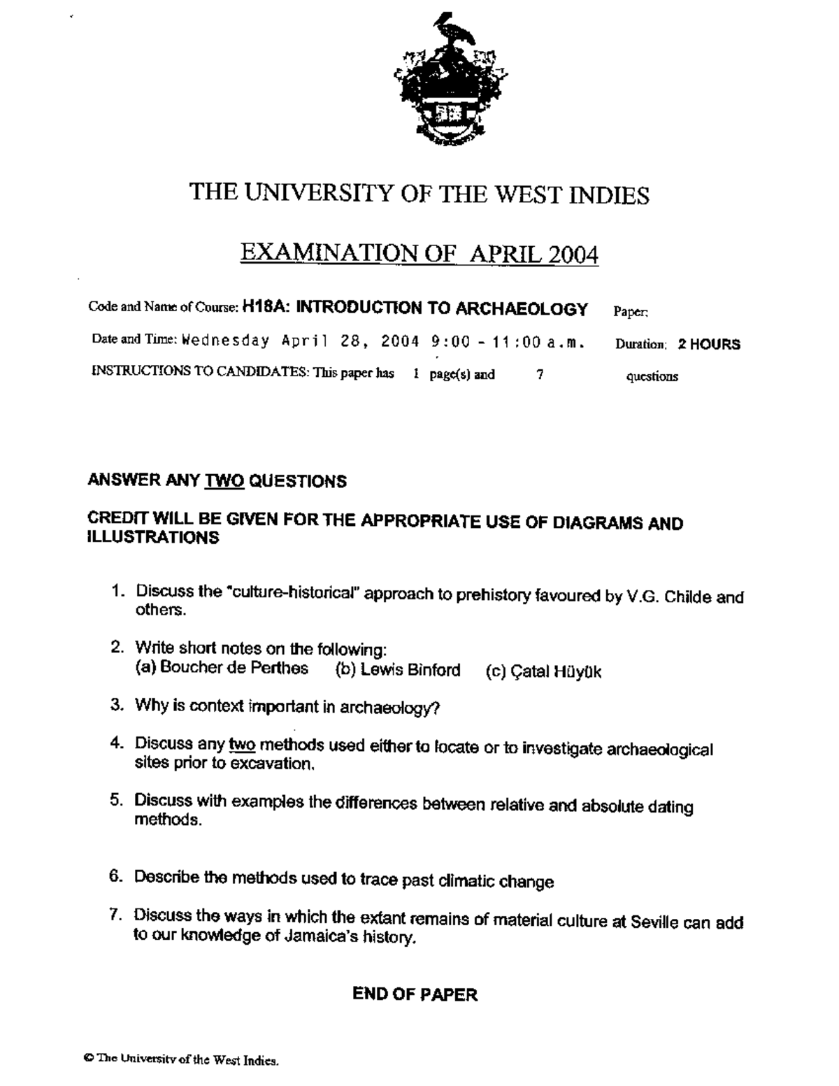 HIST1801 Final Exam 2004 - SBC THE UNIVERSITY OF THE WEST INDIES ...