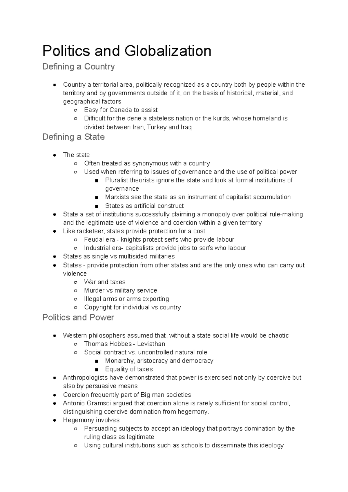 ANTH 1001 - Politics and Globalization - Politics and Globalization Defining a Country Country a ...