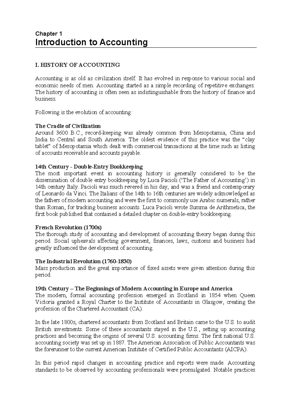 Chapter 1 Introduction to Accounting - HISTORY OF ACCOUNTING Accounting ...