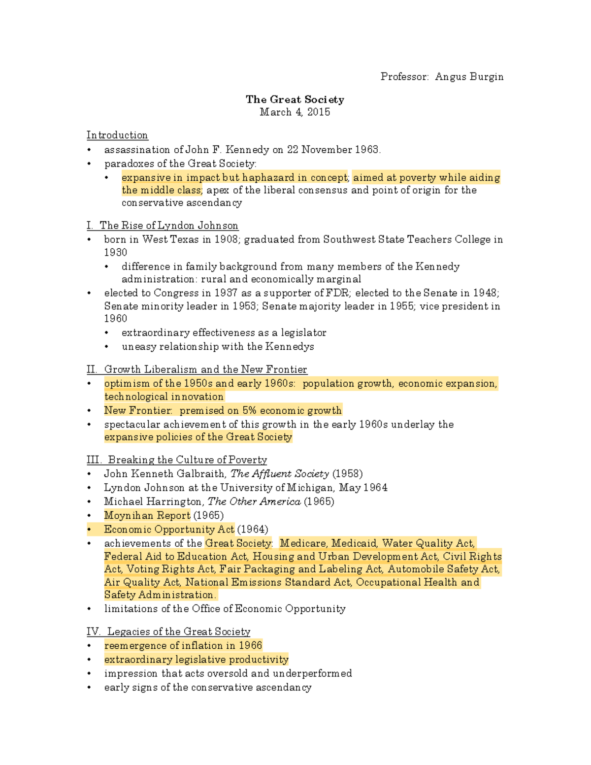 Lecture 12 - Professor: Angus Burgin The Great Society March 4, 2015 ...