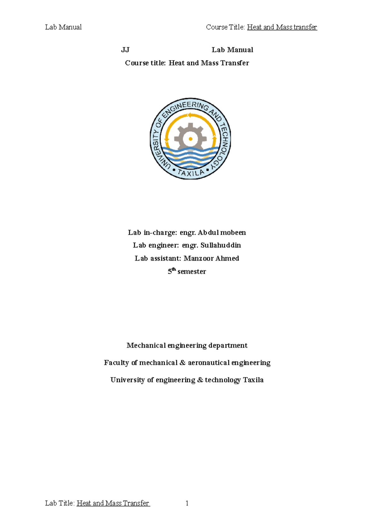 Heat and mass trasfer lab manual latest - JJ Lab Manual Course title ...