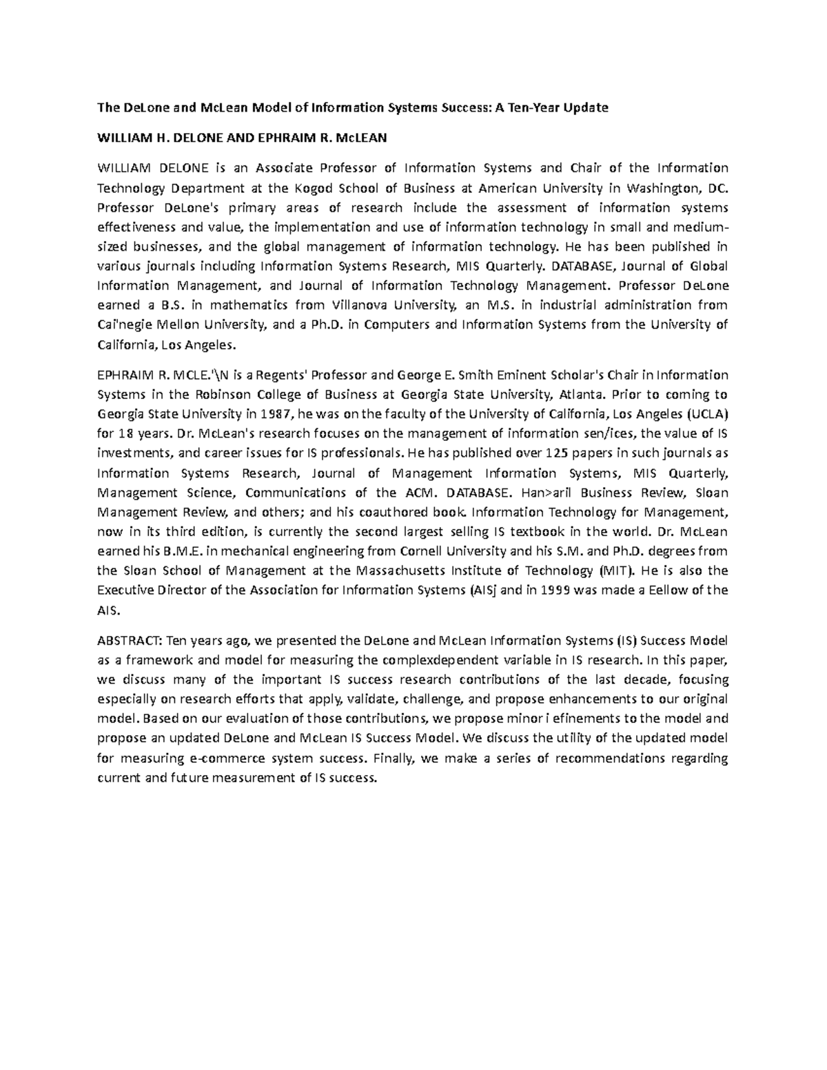 The De Lone and Mc Lean Model of Information Systems Success - The ...