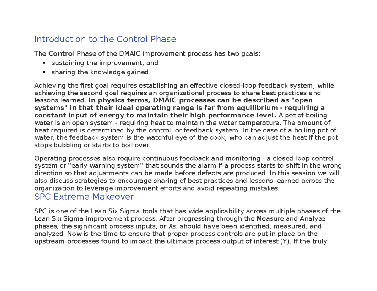 Six Sigma Chapter 11 - Introduction to the Control Phase The Control ...