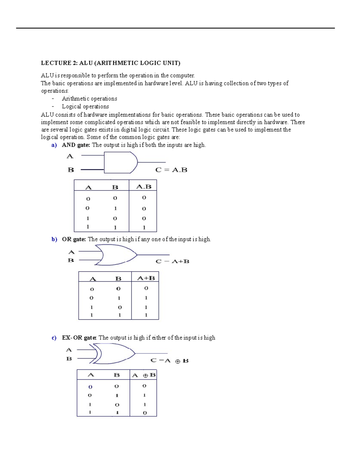 LEC 2 ALU - Lecture Notes - LECTURE 2: ALU (ARITHMETIC LOGIC UNIT) ALU ...
