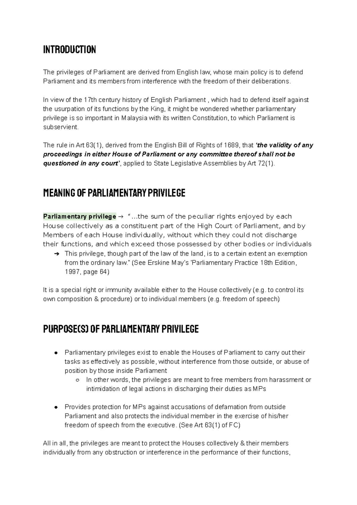 Chapter 8 Parliamentary Privilege - Introduction The privileges of ...