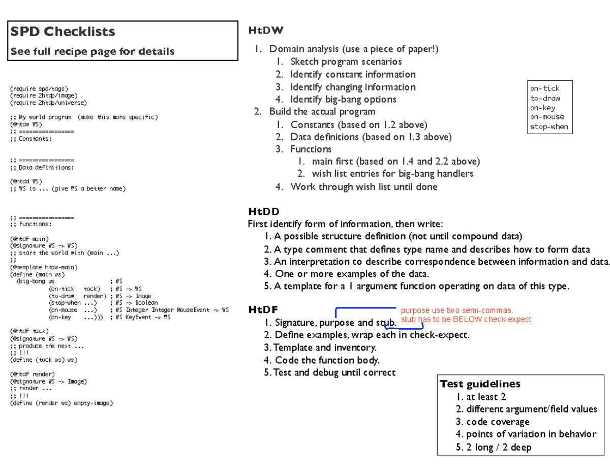 Recipe-checklist - Recipe checklist for how to design functions and data - HtDF 1. Signature ...