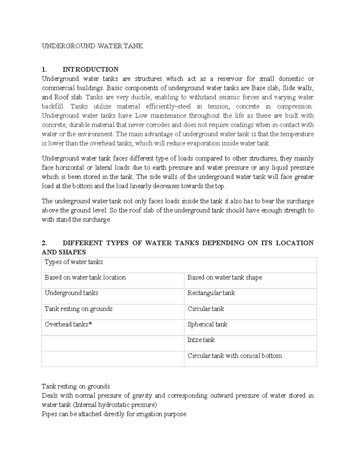 Short notes RCC - UNDERGROUND WATER TANK 1. INTRODUCTION Underground ...