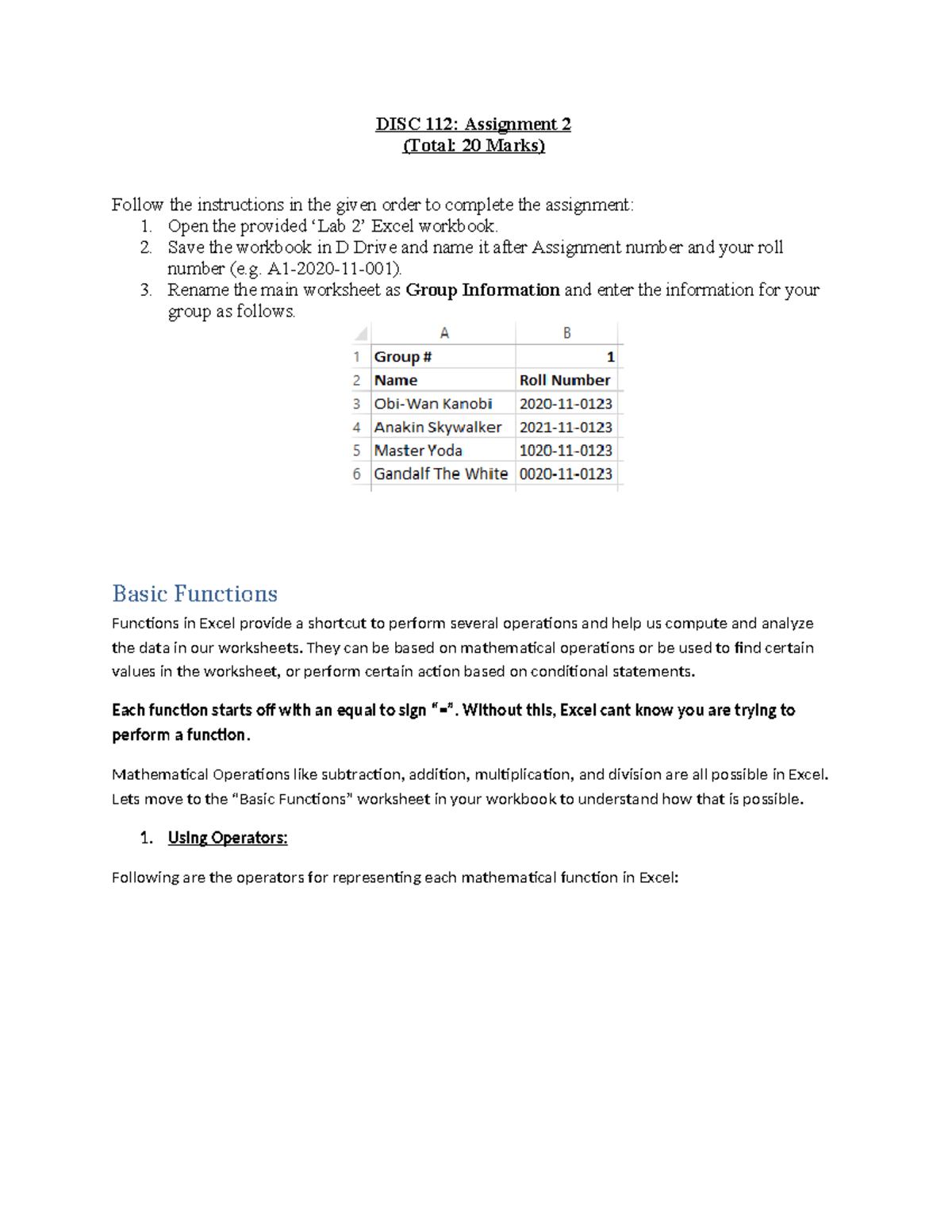 Lab2 S5 - this is a good resource for excel learning - DISC 112: Assignment 2 (Total: 20 Marks ...