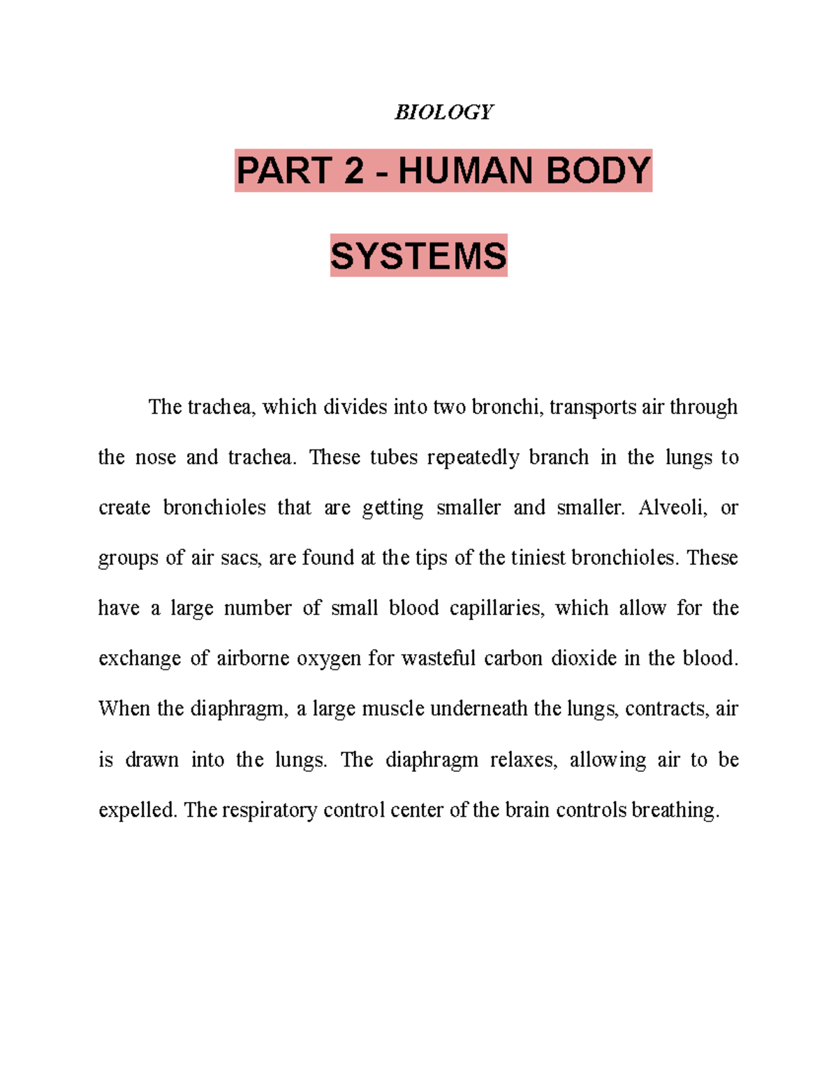 PART 2 - Biology - Human BODY Systems - BIOLOGY PART 2 - HUMAN BODY ...