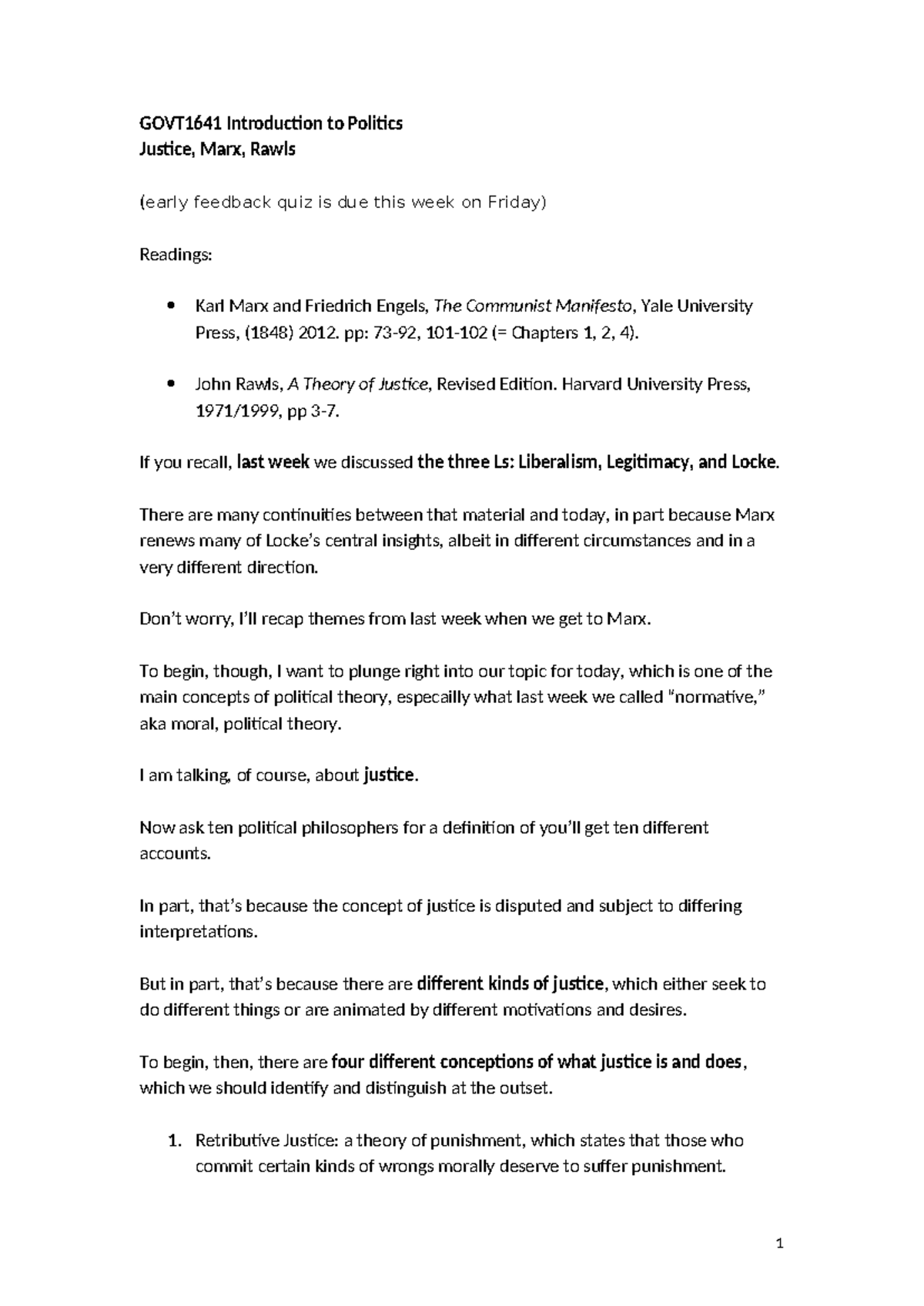 GOVT1641 Marx Justice 2024 B - GOVT1641 Introduction to Politics ...