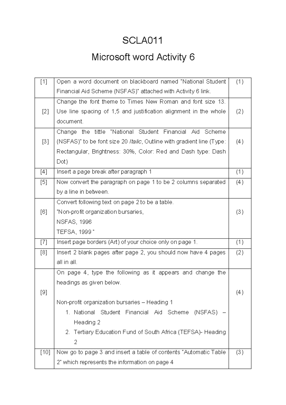 Activity 6(1) - SCLA Microsoft word Activity 6 [1] Open a word document on blackboard named ...
