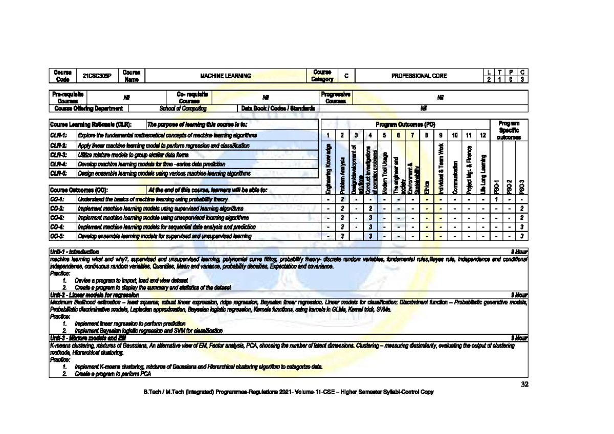 21csc305p Ml Course Plan Course Course Course T P C 21csc305p Machine Learning C
