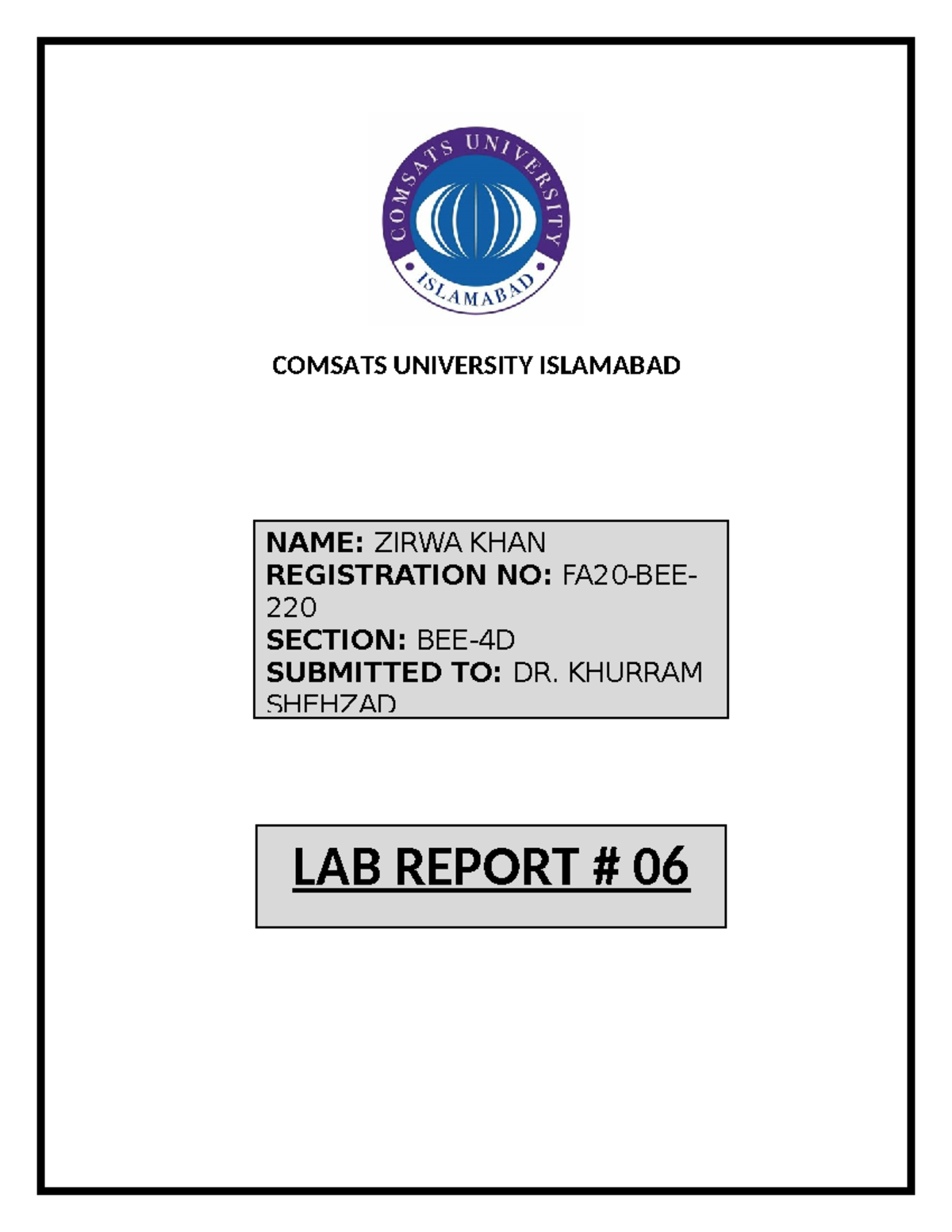 SS LAB 6 - Important document - COMSATS UNIVERSITY ISLAMABAD NAME ...
