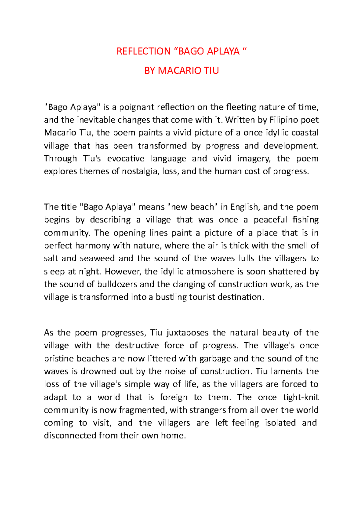 Reflection BAGO Aplaya - REFLECTION “BAGO APLAYA “ BY MACARIO TIU "Bago Aplaya" is a - Studocu