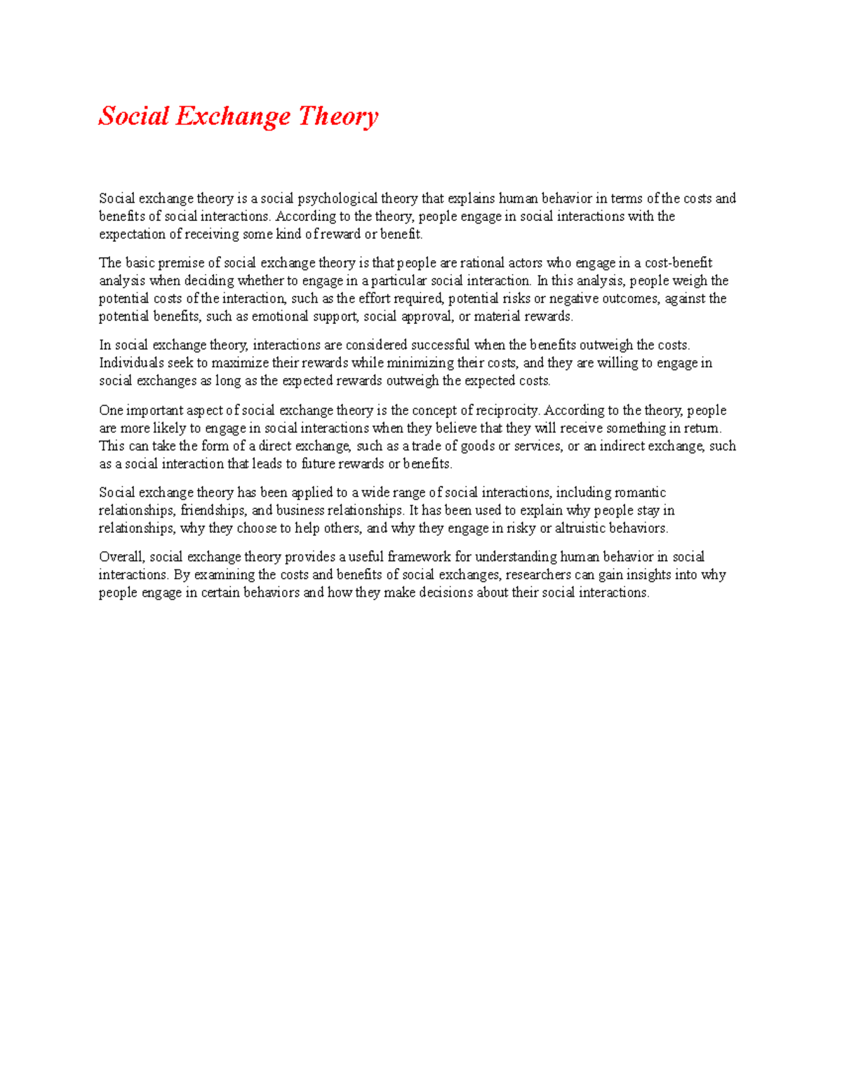 Document 85 - essay - Social Exchange Theory Social exchange theory is ...