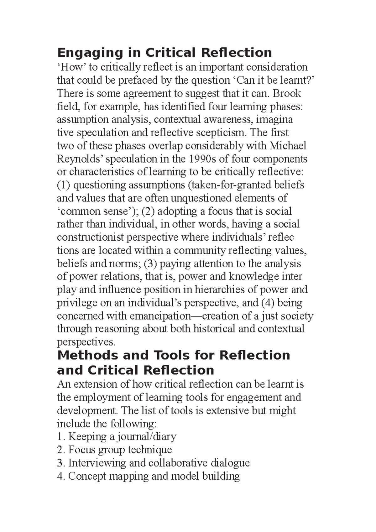 Engaging in Critical Reflection - Engaging in Critical Reflection ‘How ...