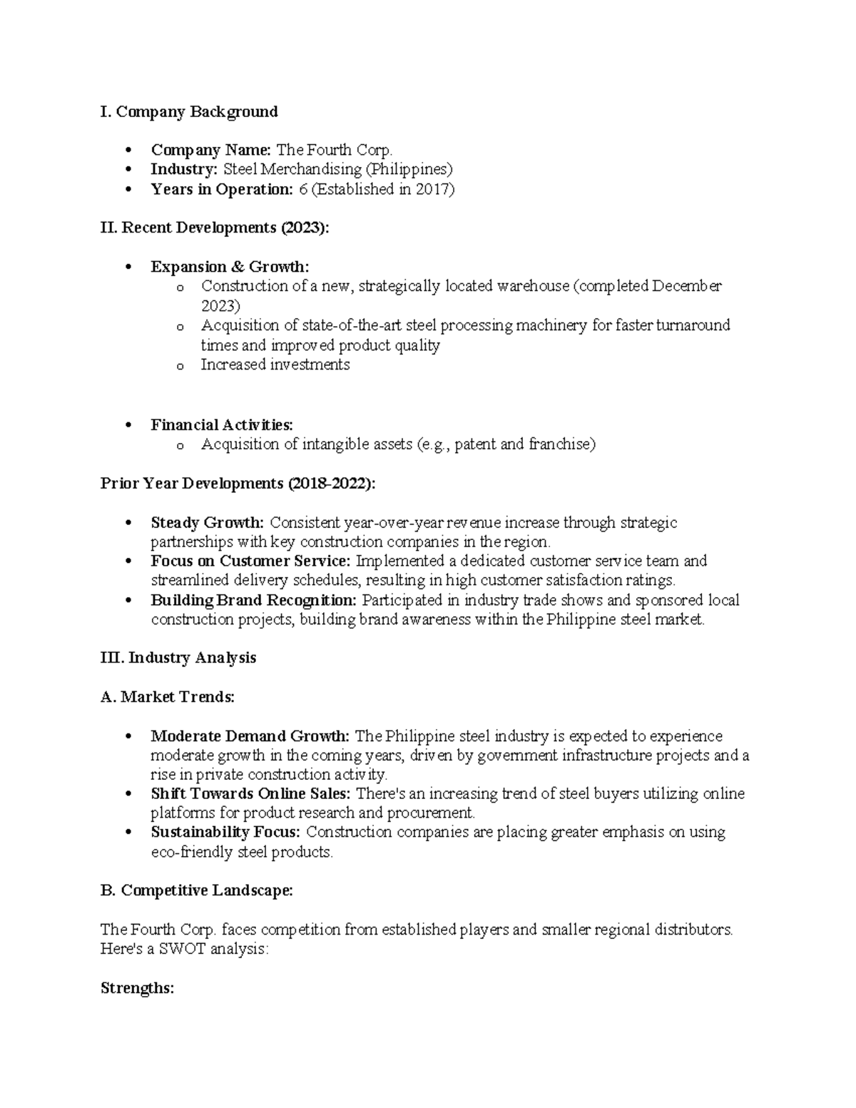 Client industry plan - sample format - I. Company Background Company ...
